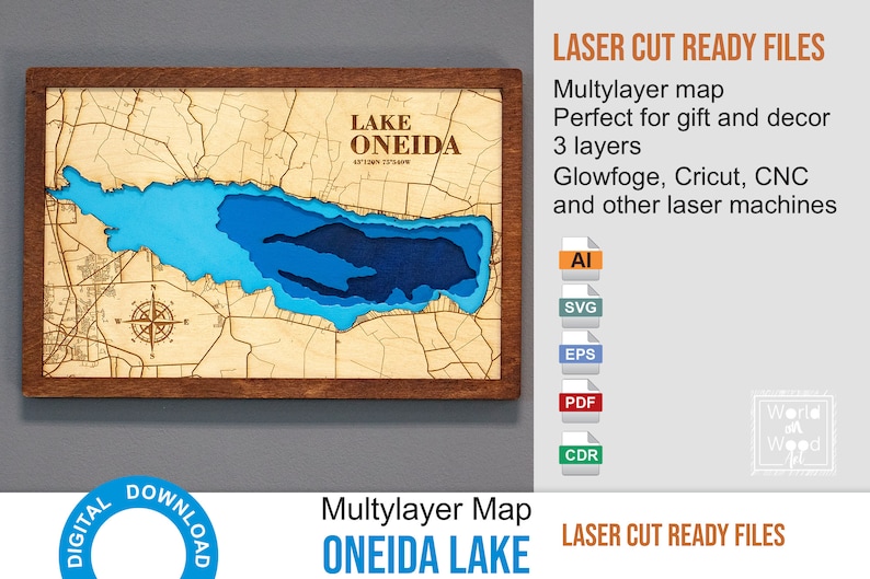 Digital File - Oneida Lake Lake. PDF, AI, SVG - Wood Multilayer Laser ...