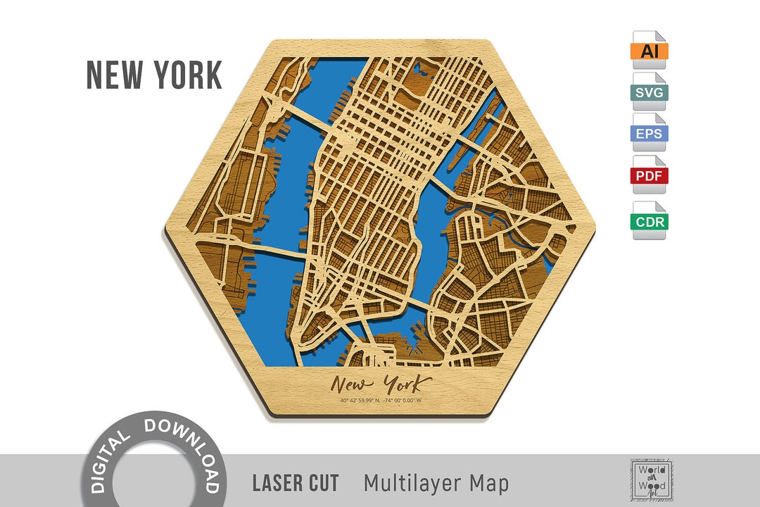 Laser Cut New York Map, Hexagon Map, 3D Hex Form, Multilayer Street Map ...
