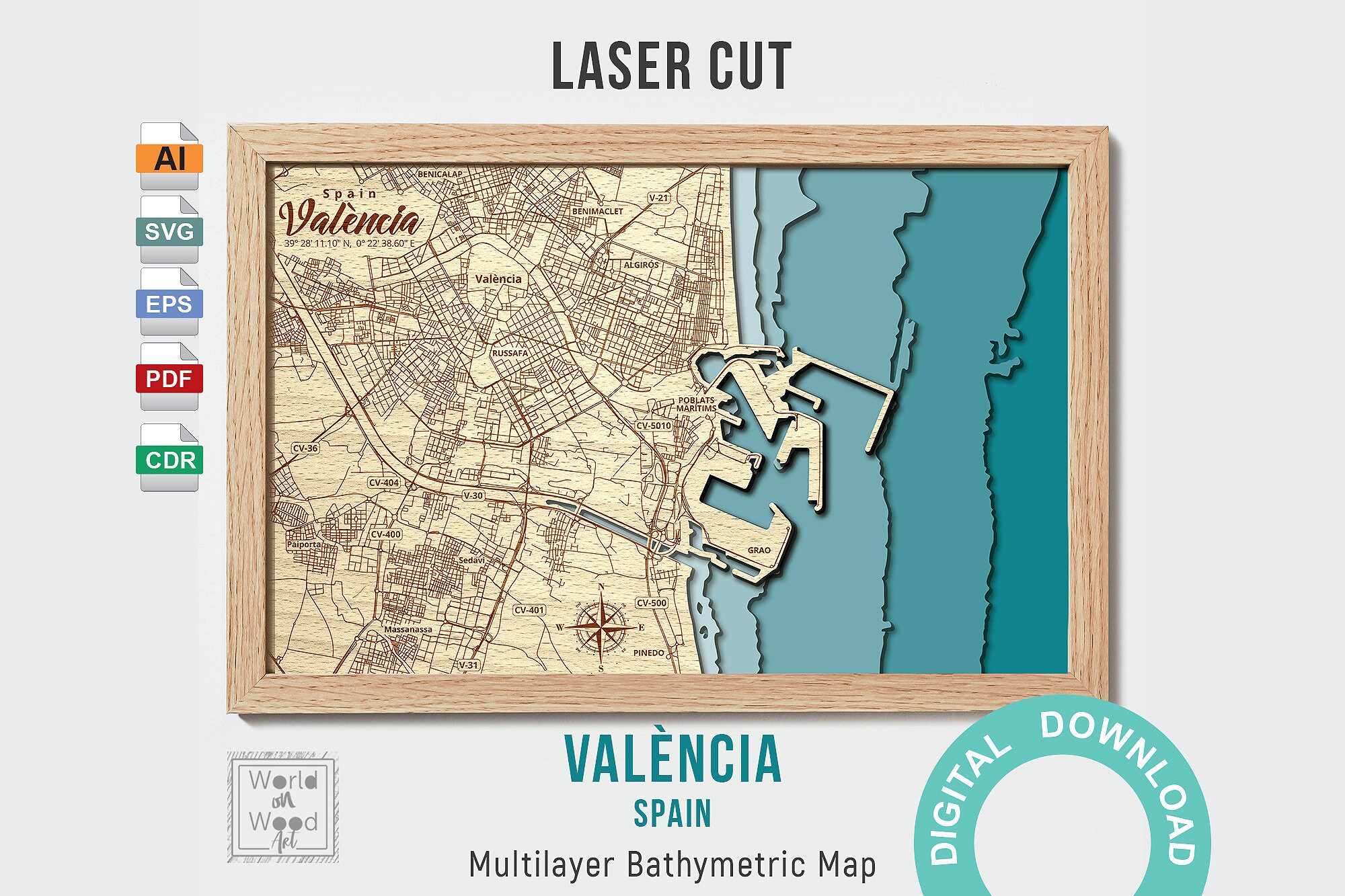Valencia Map Cutting Files, PDF, AI, SVG - Wood Multilayer Laser Cut ...