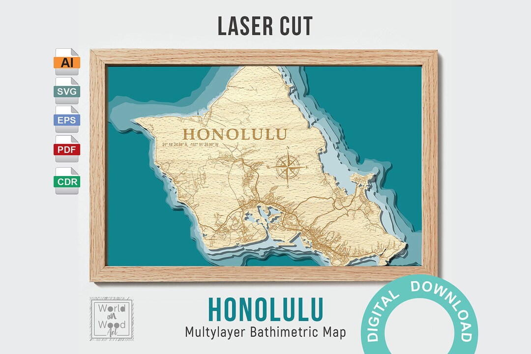Digital File PDF, SVG, Ai - Honolulu Map, Hawaii Bathymetric Depth ...