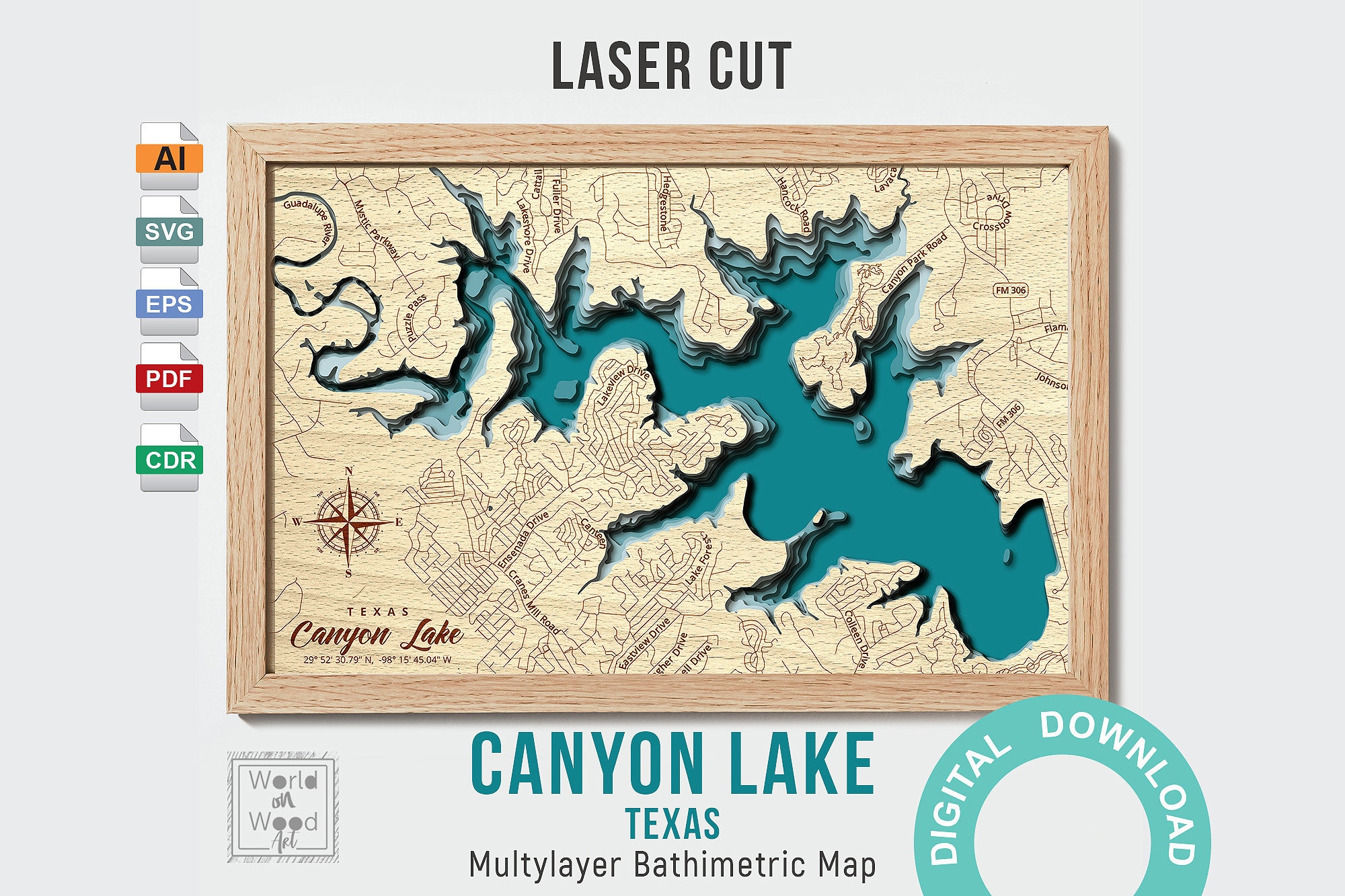 Digital File PDF, SVG, Ai Lake Canyon Map, Lake Texas Bathymetric Depth ...