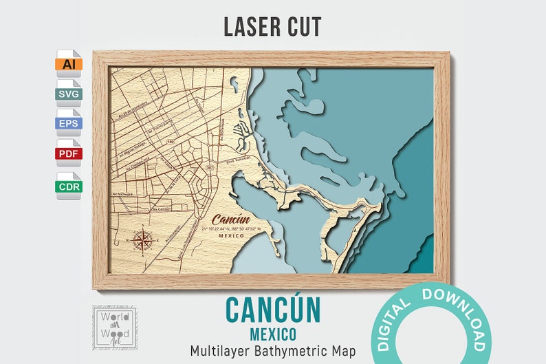 Digital File Cancun Map Svg, AI, Eps, CRD, Pdf Wood Multilayer Laser ...