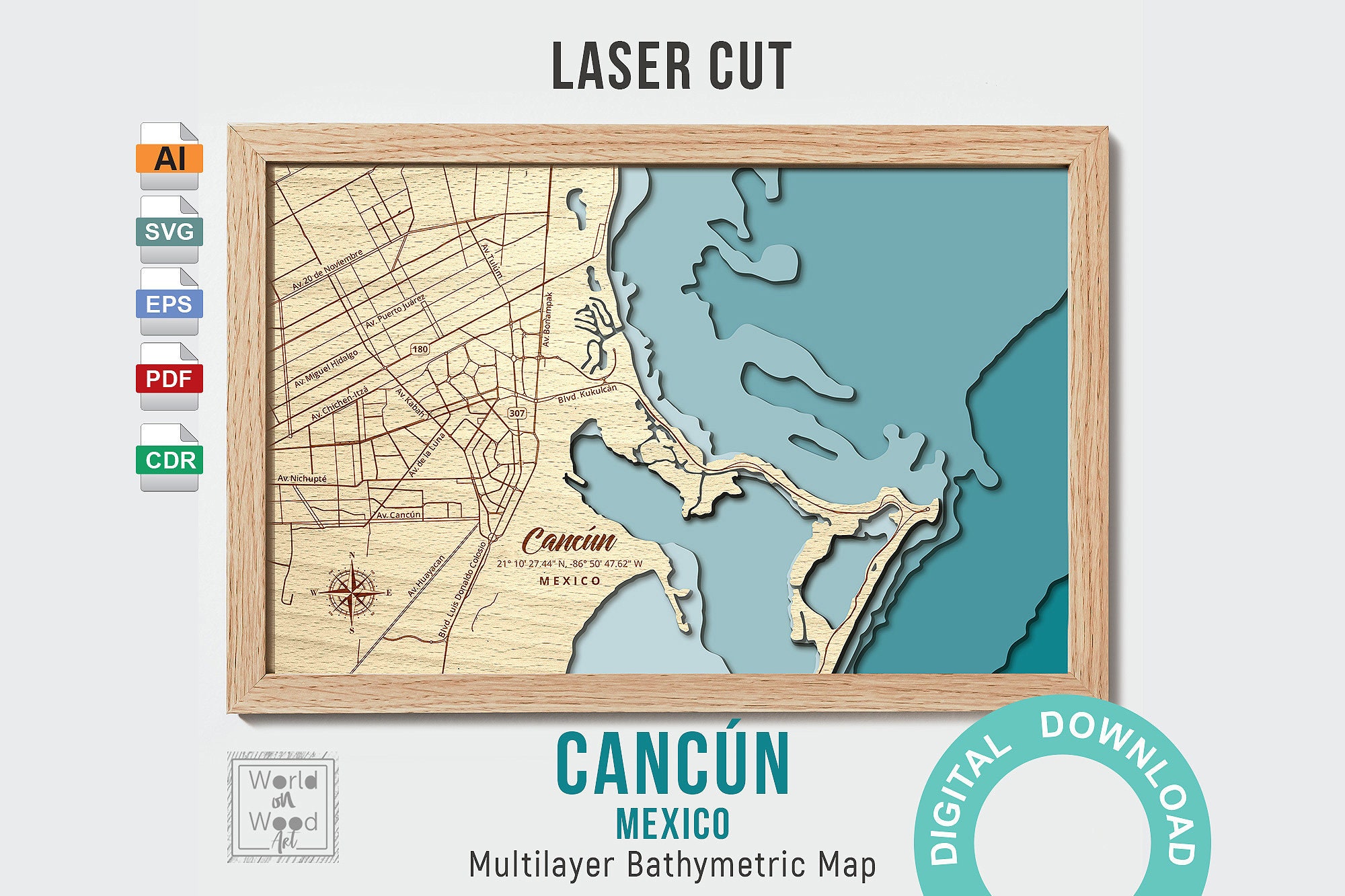 Digital File - Cancun Map Svg, AI, Eps, CRD, Pdf - Wood Multilayer ...