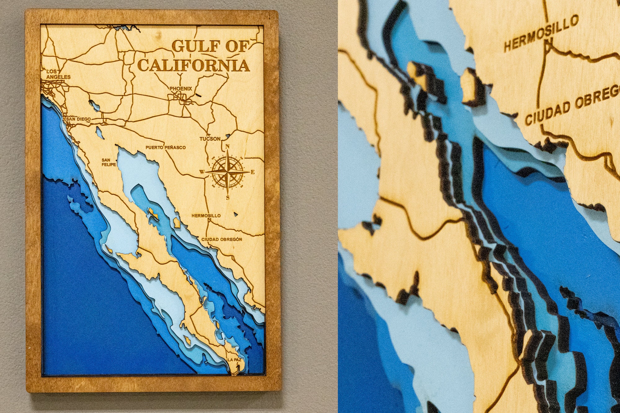 The Gulf of California - 3D Wall Art Map, Beach House Decor - Layered ...