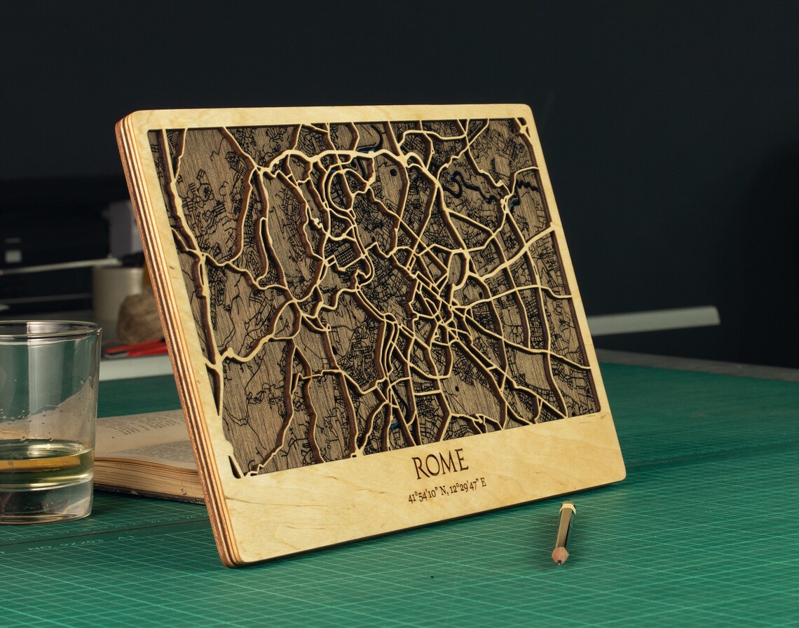 Rome Wood Map, Street 3D Maps Travel Art, Urban Map of Rome, Wooden Map ...