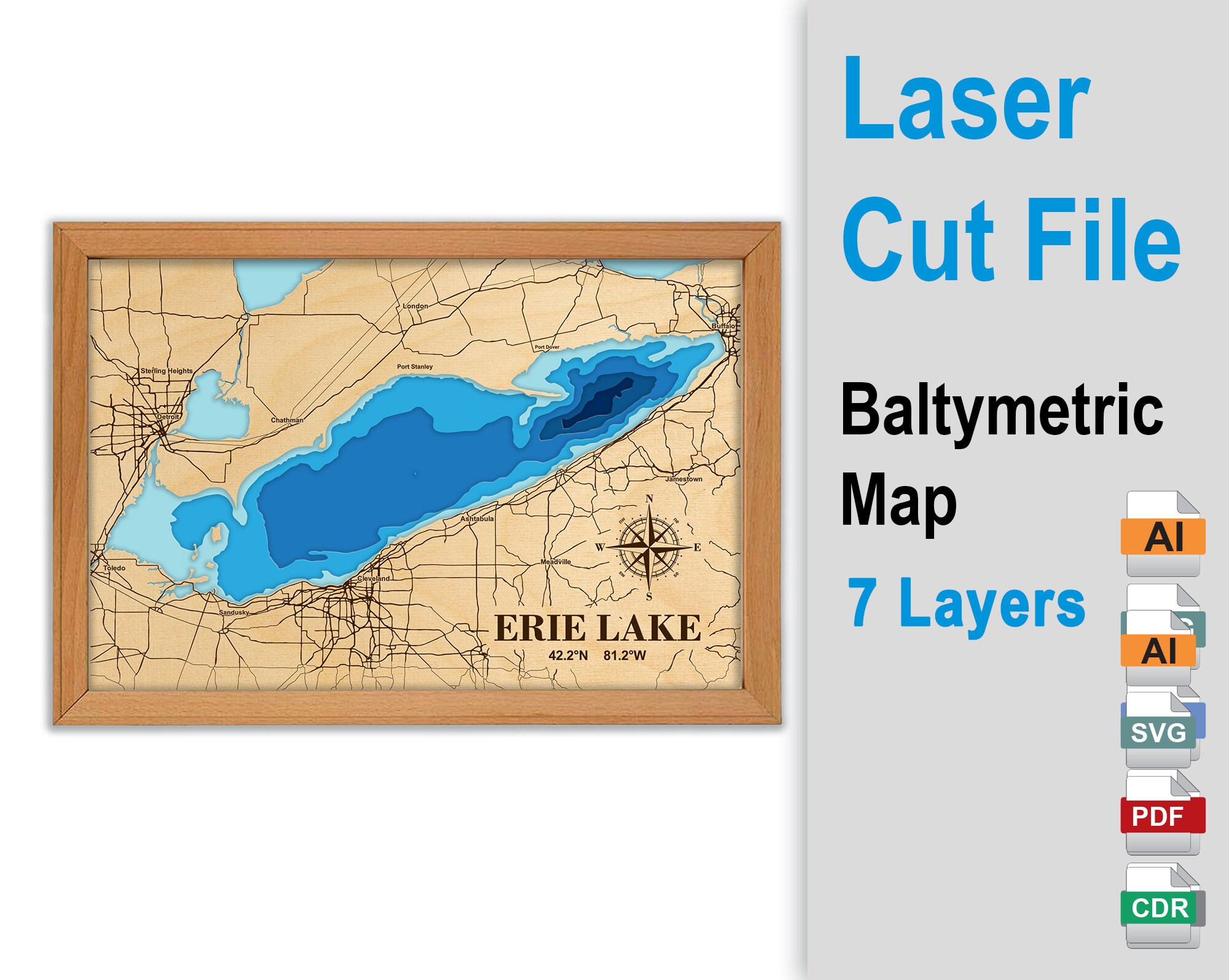 3D Laser Cut Lake Erie Bathymetric Map Digital File - PDF, AI, SVG, Cdr ...