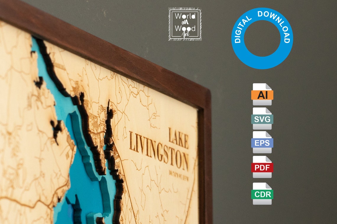 3D Laser Cut Lake Livingston Bathymetric Map Digital File PDF, AI, SVG ...