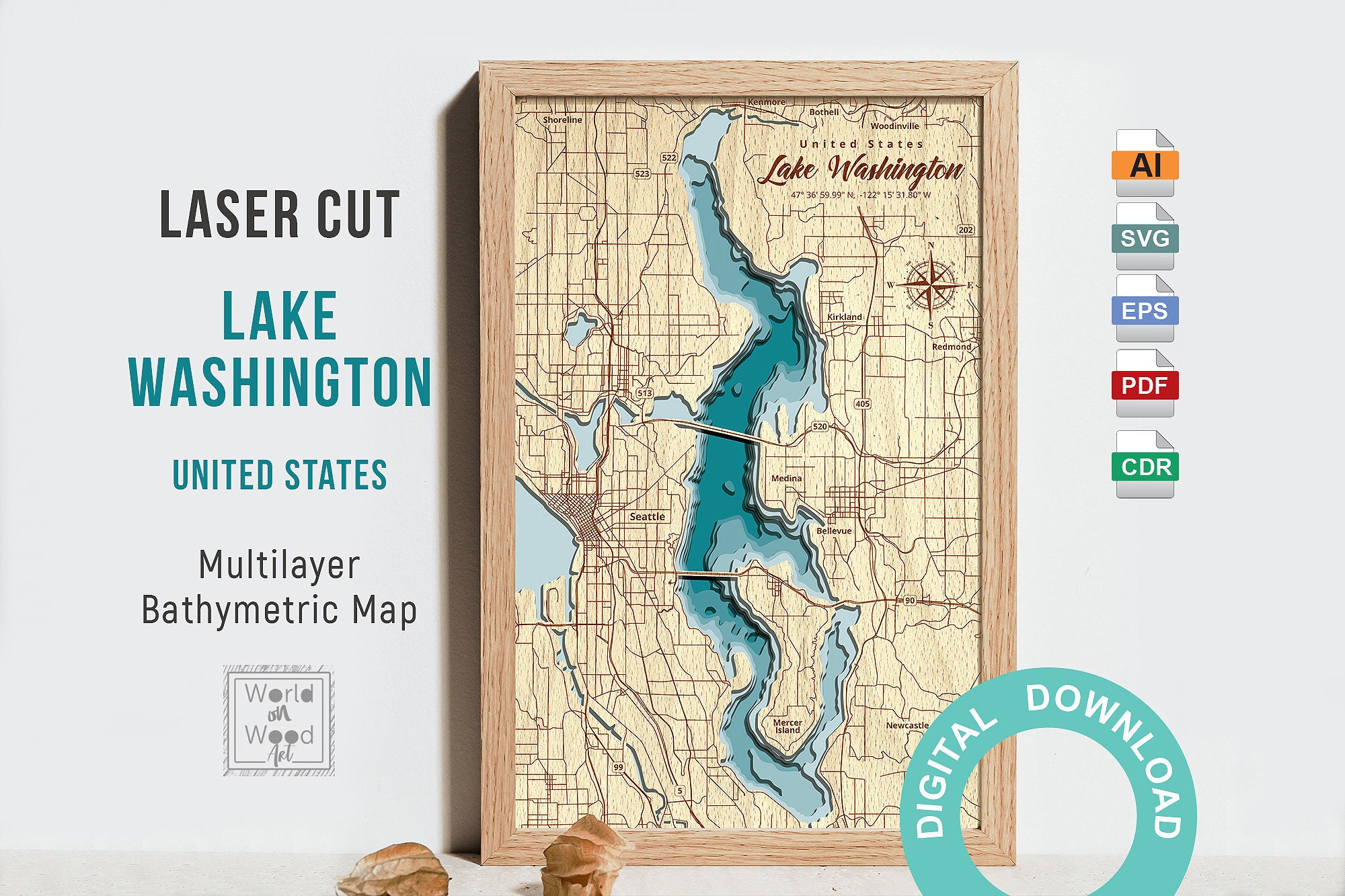 Digital File PDF, SVG, Ai Washington Lake, Seattle Lakefront Wood Map ...