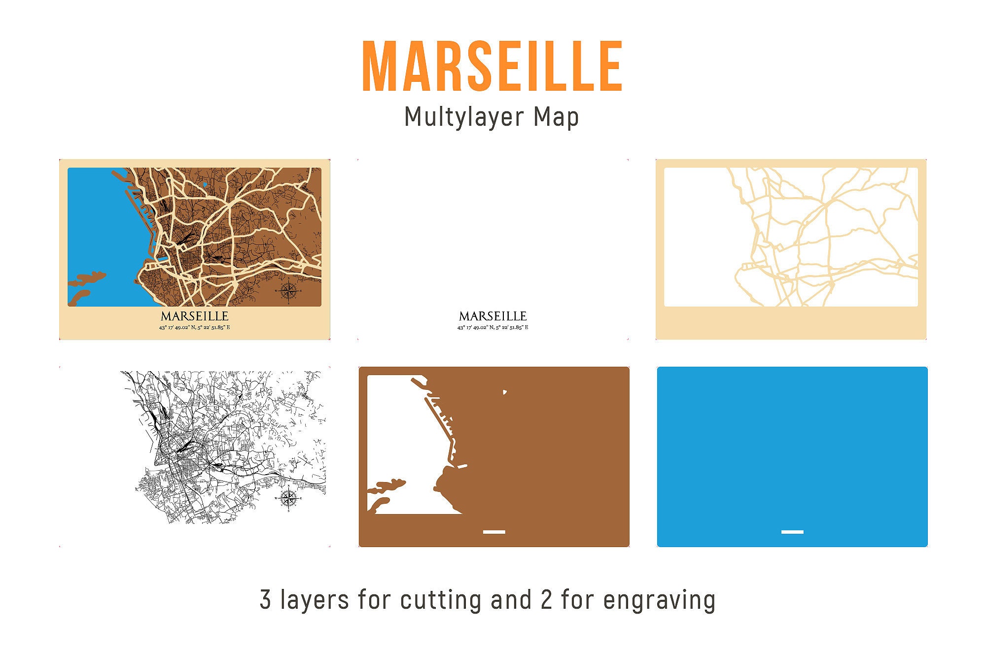 3D Laser Cut Map of Marseille Multi Layer Street Map Decor Laser Cut ...