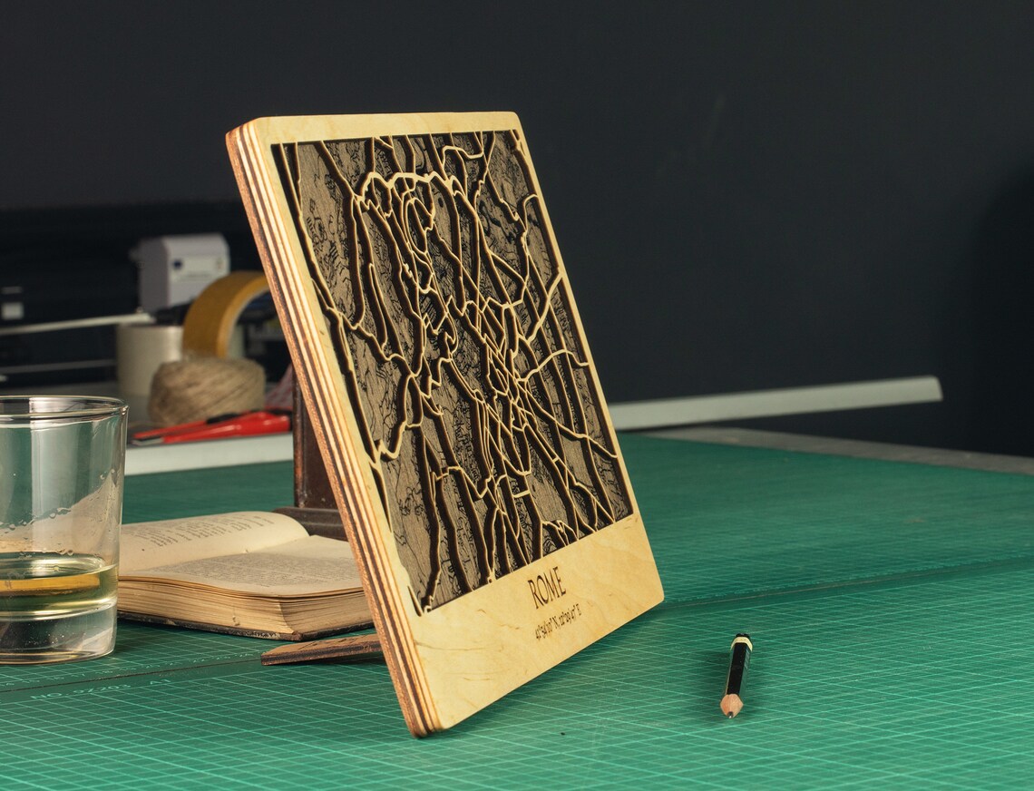 Rome Wood Map, Street 3D Maps Travel Art, Urban Map of Rome, Wooden Map ...