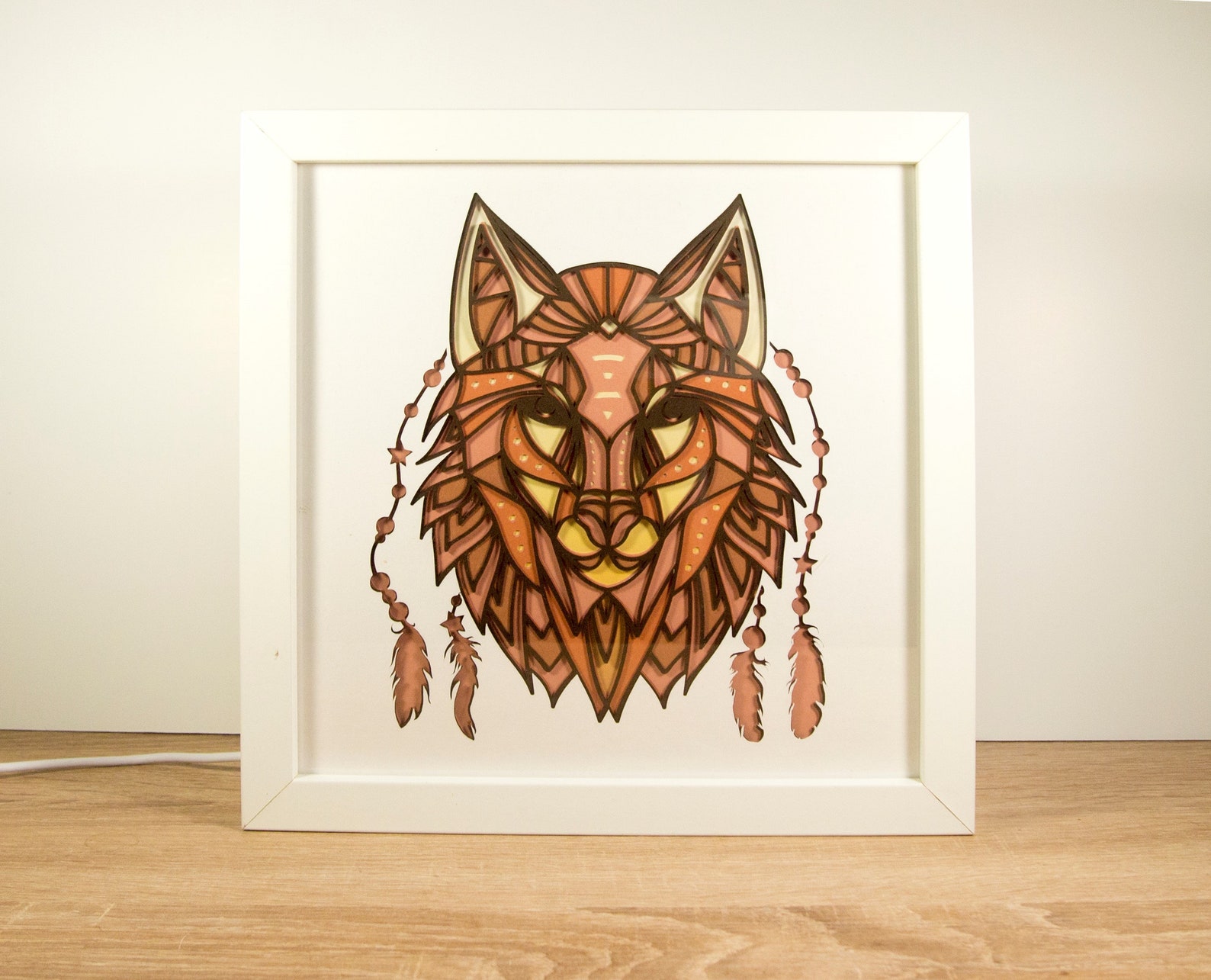 Boho Wolf Lighted Frame, Boho Wall Decor, Boho Home Decor, Boho Wall ...