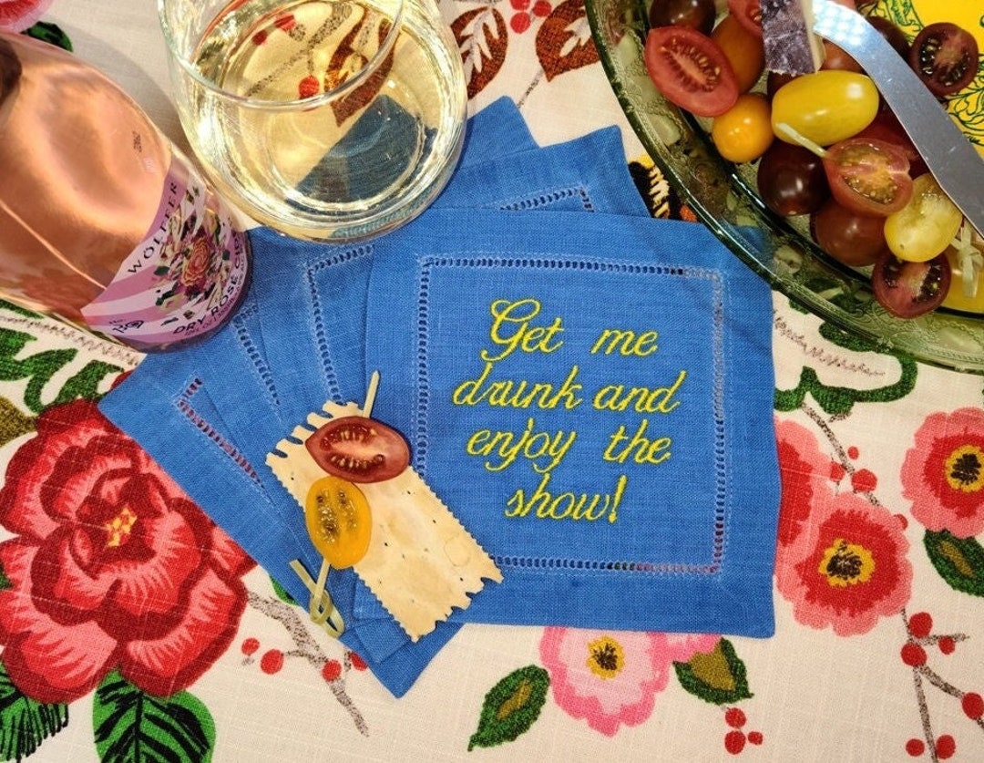 Custom Phrase Embroidered Linen Cocktail Napkins, Build Your Set, Your ...