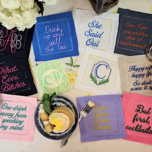 Funny Custom Embroidered Linen Cocktail Napkins, YOUR Phrases or Ours ...