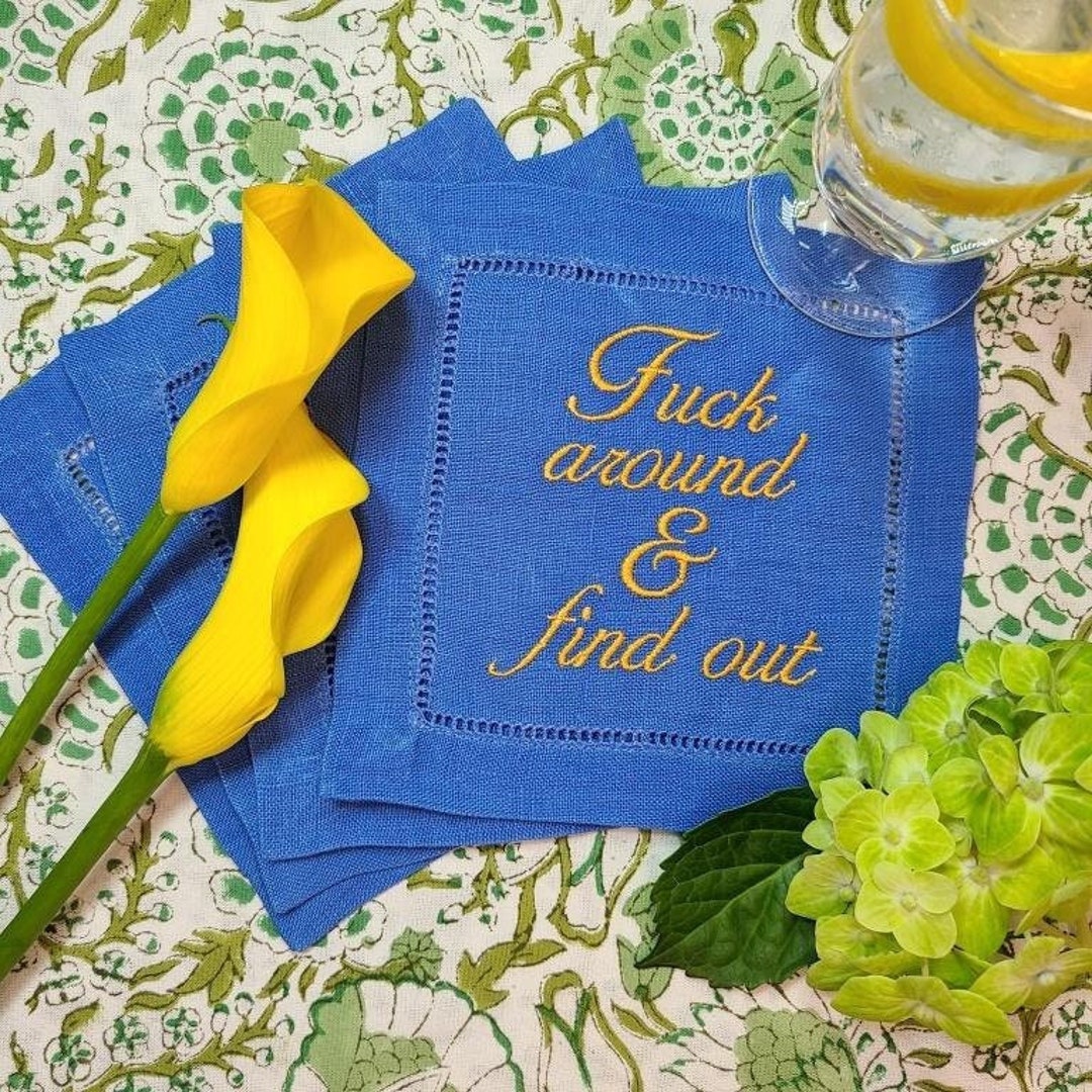 Personalized Text Phrase Embroidered Linen Cocktail Napkins, Your Text ...