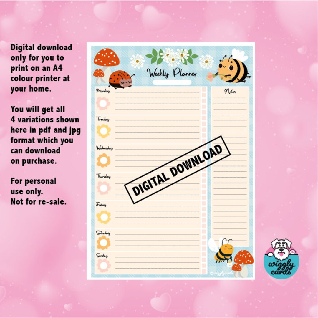 Bee Weekly Planner A4 Digital Download Ladybird and Bee Cottage Core ...