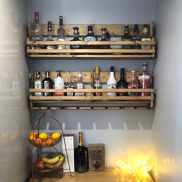 Handmade Bespoke Reclaimed Wooden Floating Gin Shelf and Bottle Rack ...