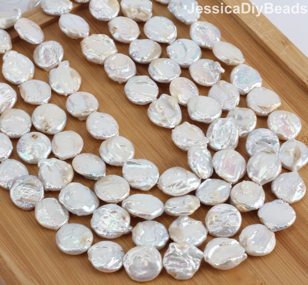 White Genuine Freshwater Coin Pearl Beads, Cultured Coin Pearls, Loose ...