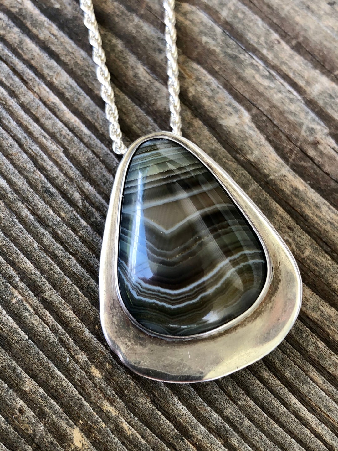 Vintage Sterling Silver Agate Pendant Brooch With Rope Chain - Etsy