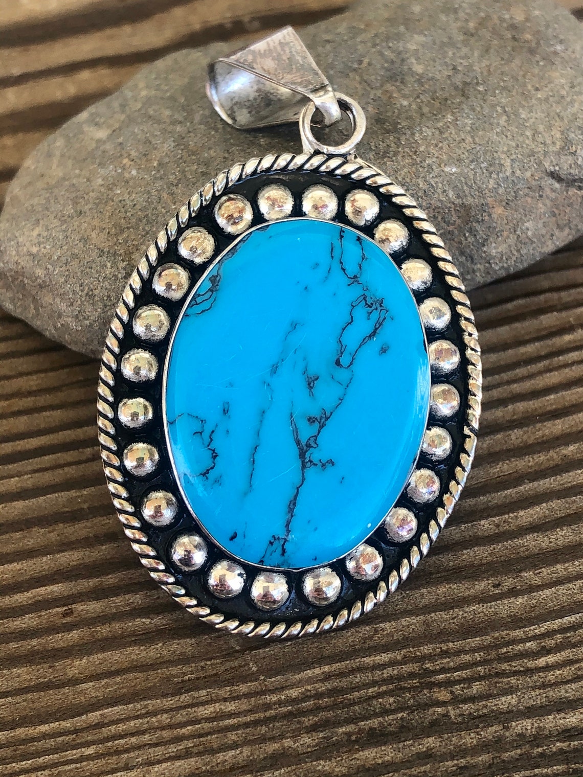 Large Turquoise Sterling Silver Mexico 925 Pendant | Etsy