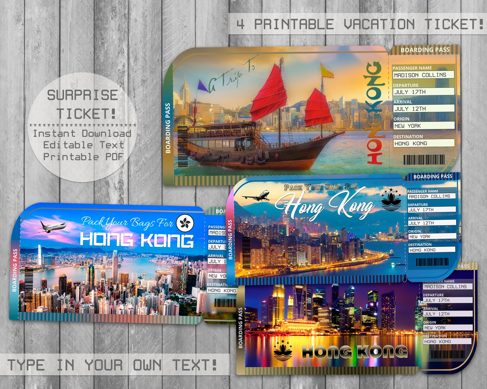 Hong Kong Trip Ticket Printable Boarding Pass Surprise | Etsy