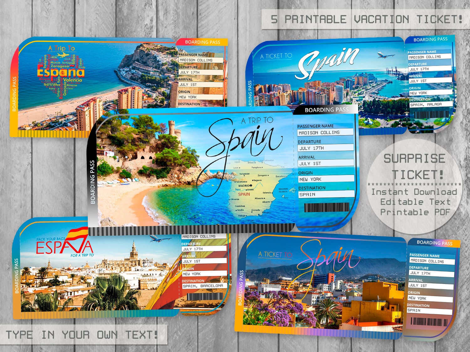 Spain Espana 5 Printable Vacation Surprise Trip Ticket | Etsy