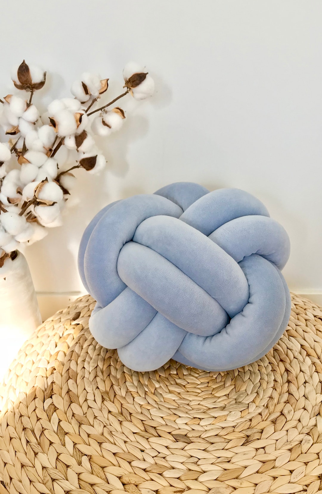 Sky Blue Ball Knot Cushion, Scandinavian Knot Pillow ember, Large ...