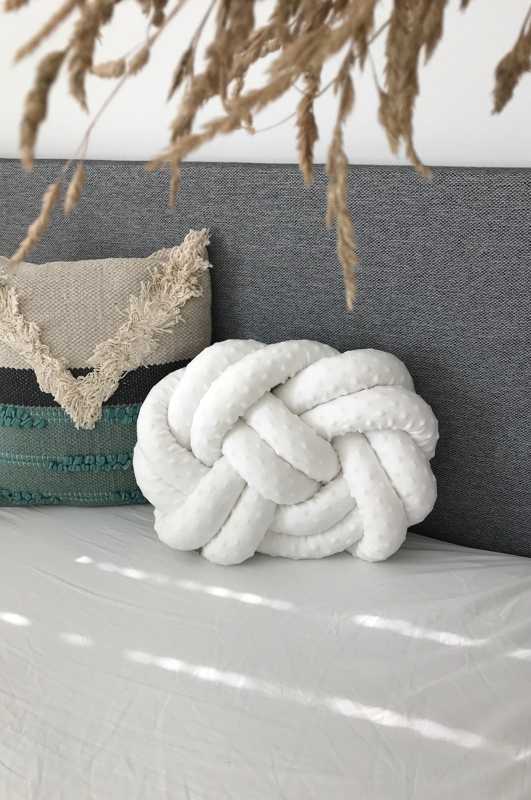 Decorative White Cushion in Infinity Knot, Minky Plush Flat Knot Pillow ...