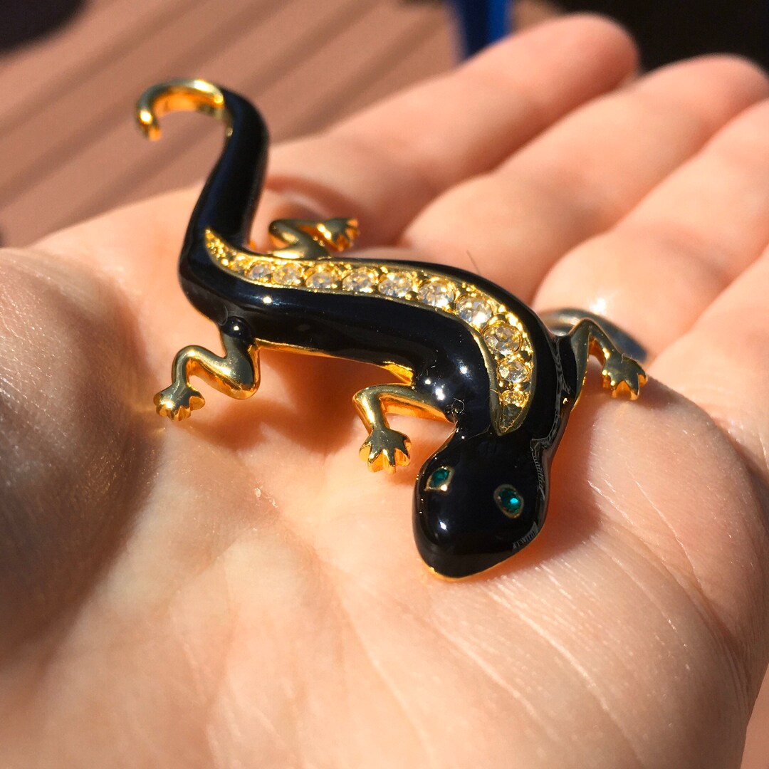Vintage Avon Salamander Brooch, Black Enamel Rhinestone Lizard Pin - Etsy