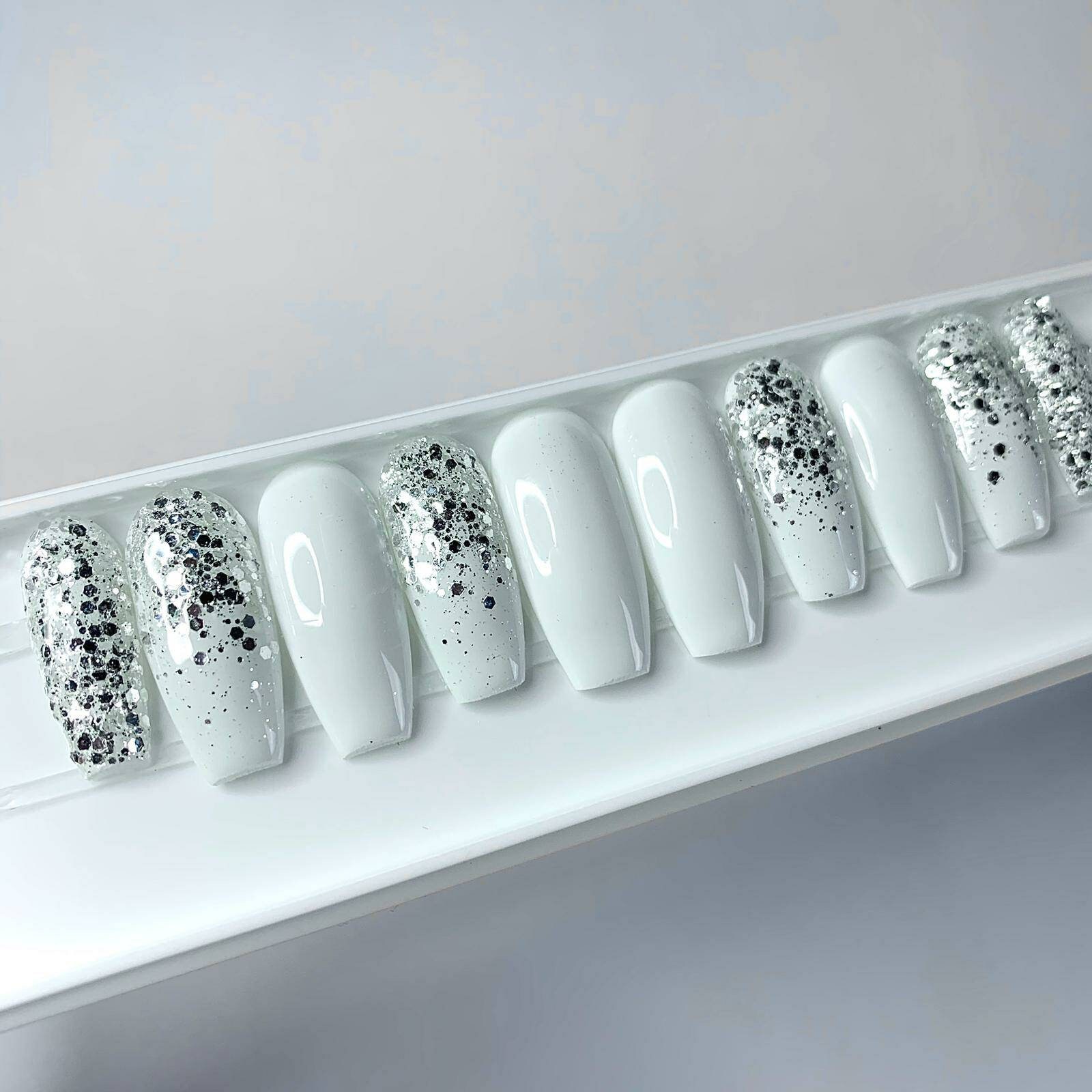 White Glitter Gradient Nails