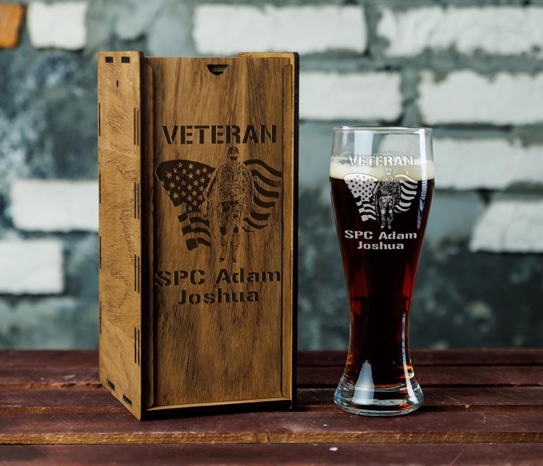 Personalized Beer Glass in Wood Box, Custom Military Glass, Military ...