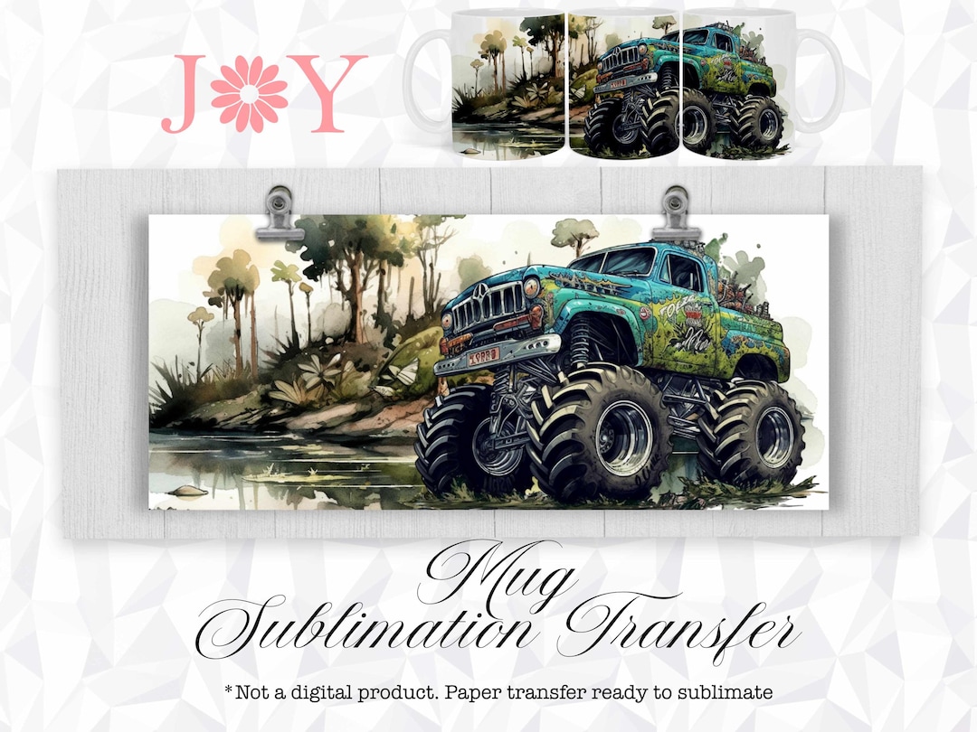 Mug Sublimation Transfer, Monster Truck Printed Wrap for Mugs, 11oz 12 ...