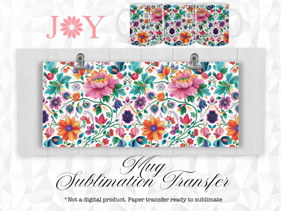 Sublimation Transfer Mug Wrap Design Ready to Press, Folk Flowers 11oz ...
