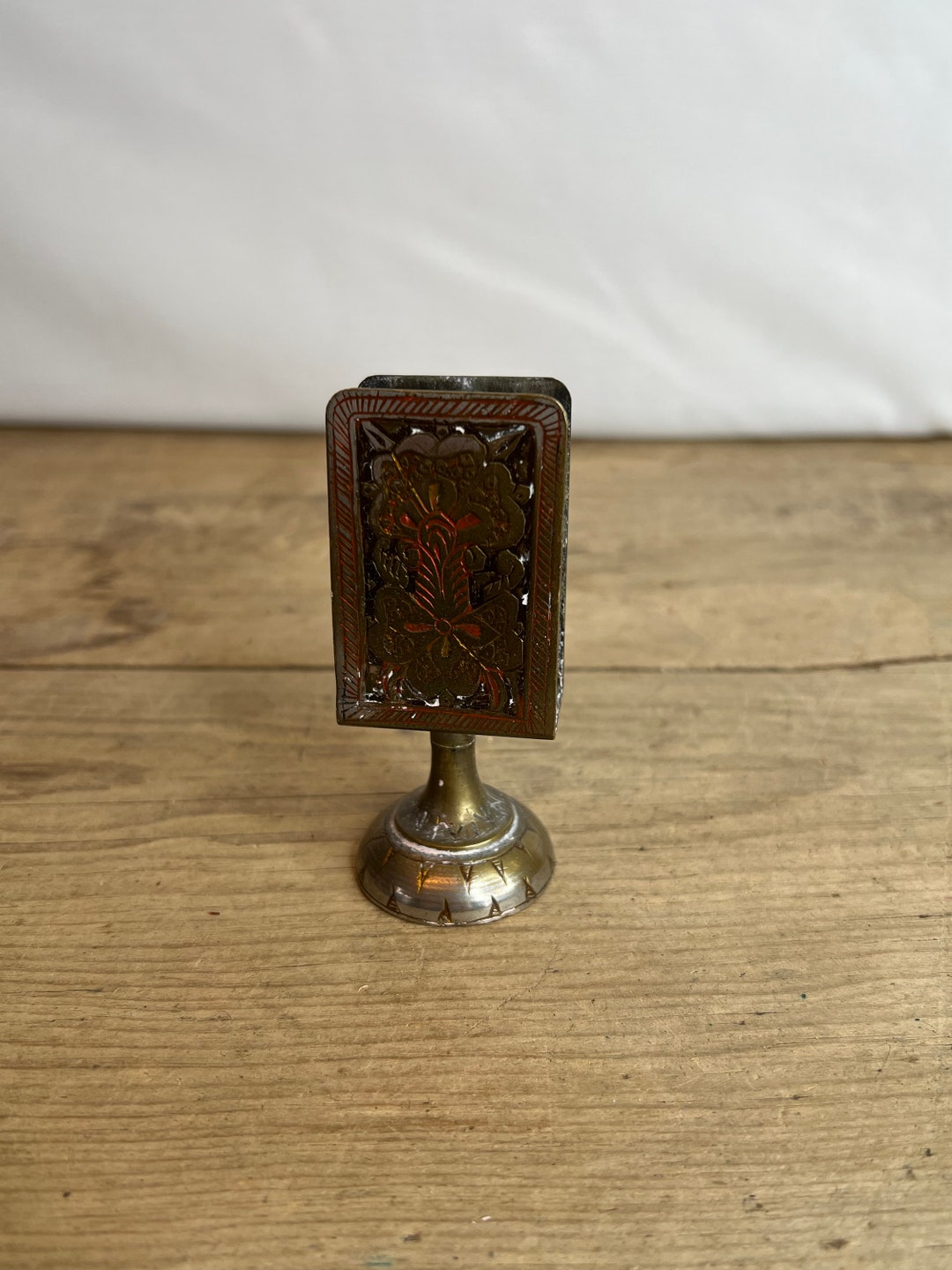 Vintage Brass Matchbox Holder on a Pedestal With Red and Black Floral ...