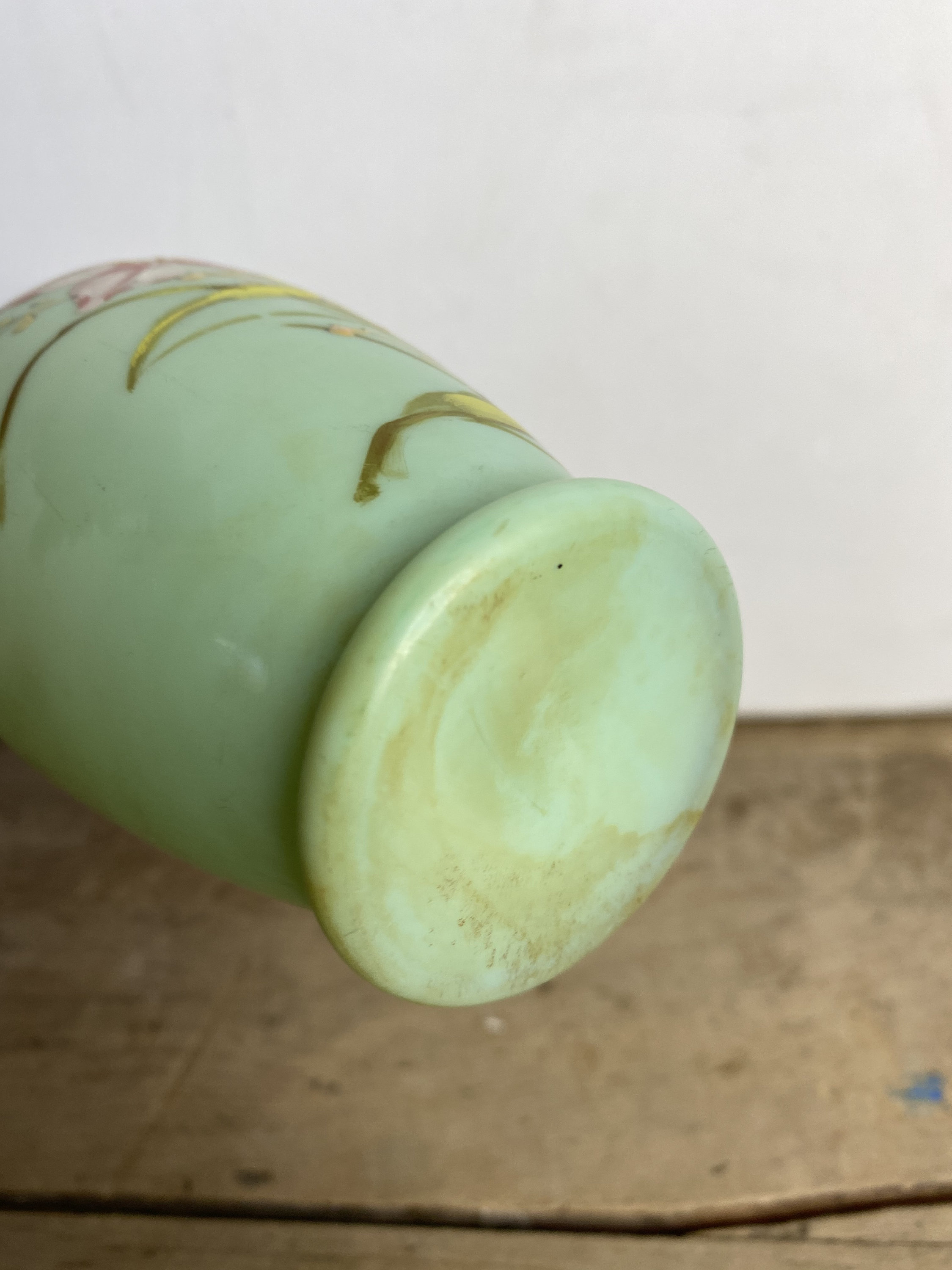 Vintage Pale Green Tall Glass Vase Painted With a Pink Flower Design ...