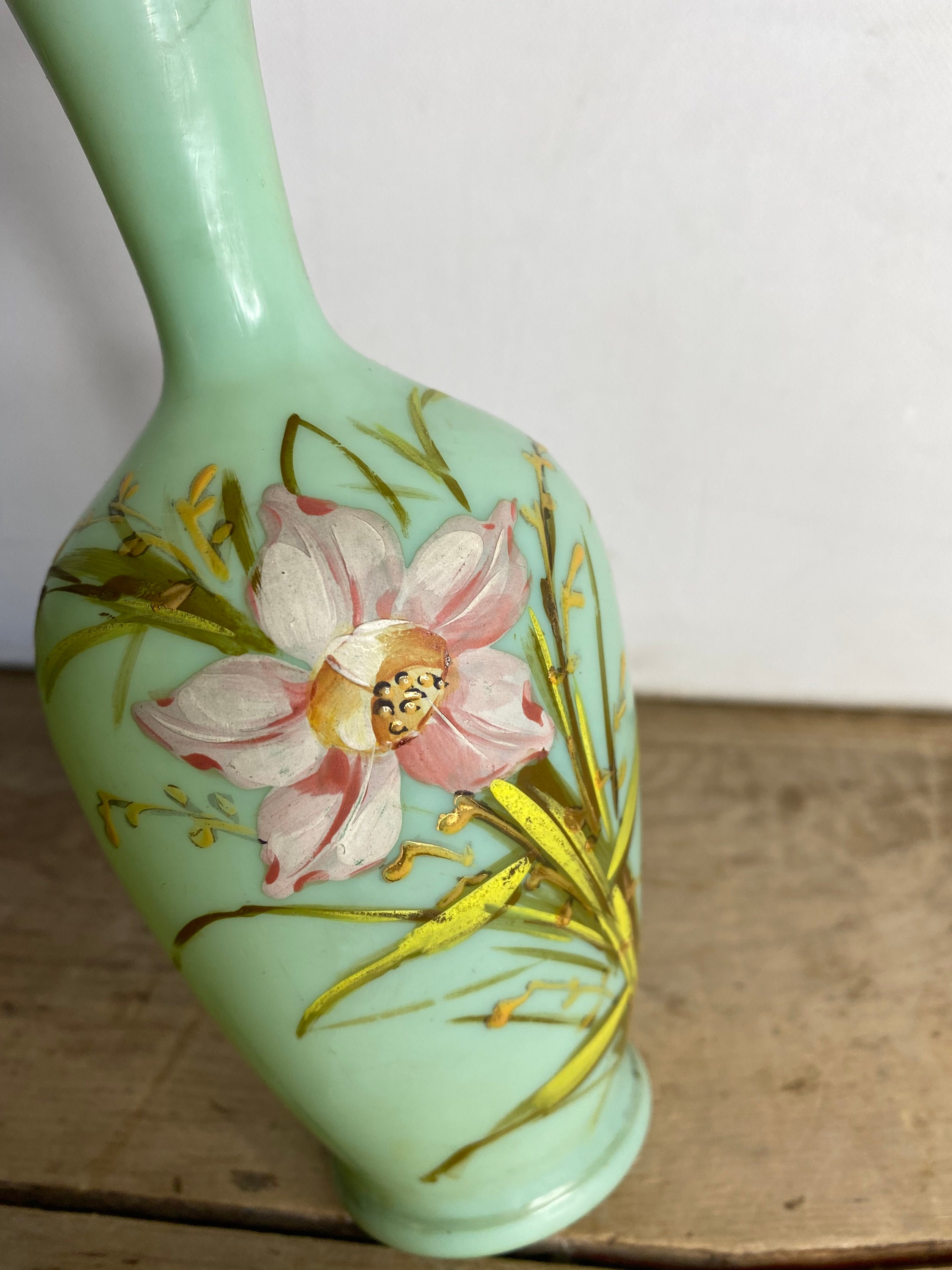 Vintage Pale Green Tall Glass Vase Painted With a Pink Flower Design ...