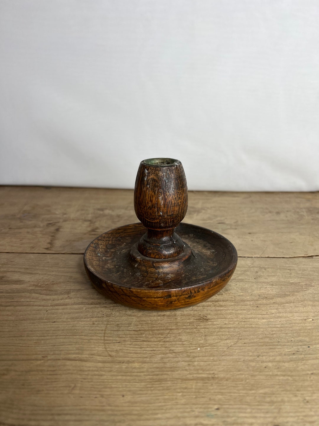 Vintage Wooden Hand Turned Candlestick With Metal Liner Beautiful Treen ...