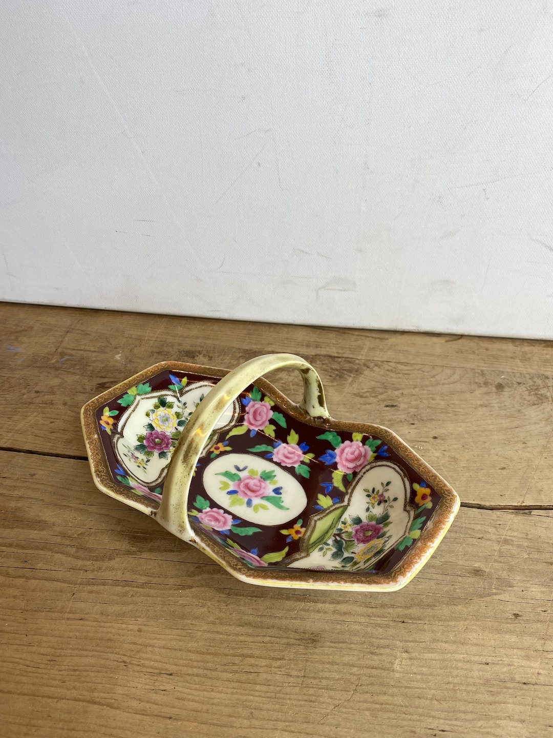 Vintage 1960's Noritake Trinket Basket / Bonbon Dish Burgandy and Gilt ...