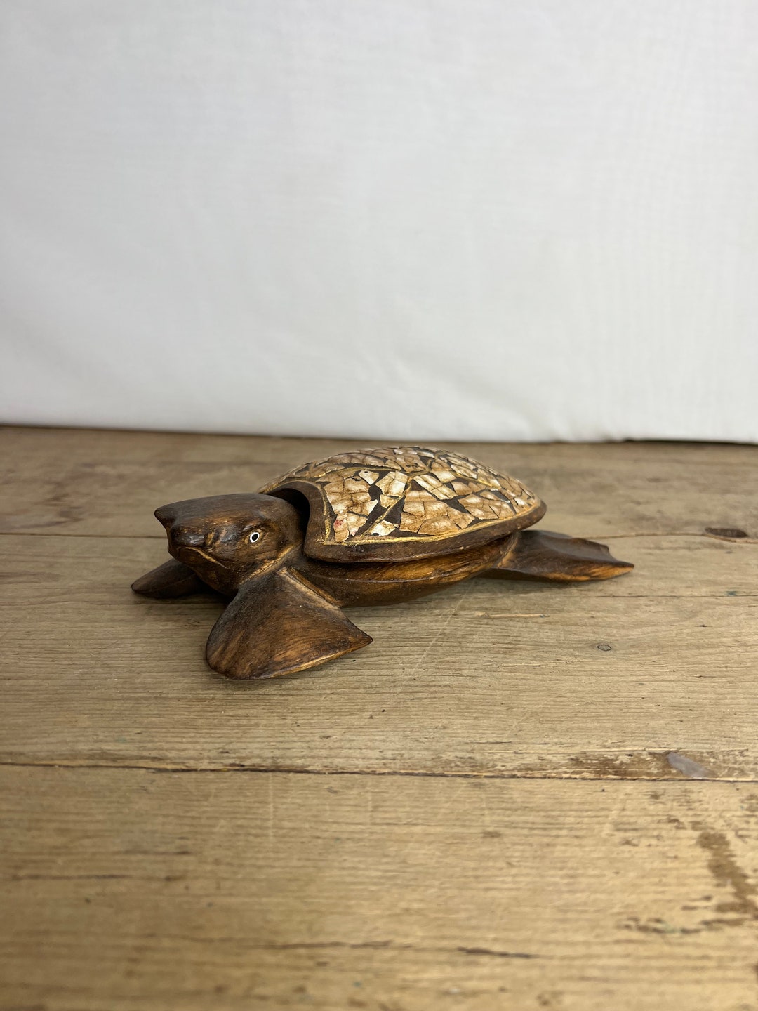 Vintage Wooden Snapping Turtle Ashtray With Lid Shell Covered in Broken ...