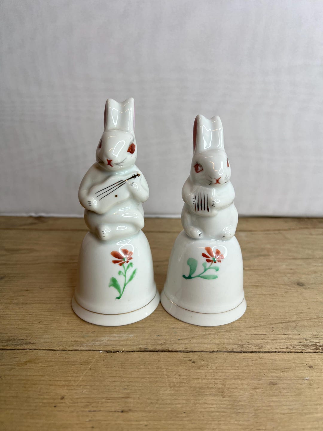 Vintage Pair of China Pottery Bells Musical Instruments Playing Bunny ...