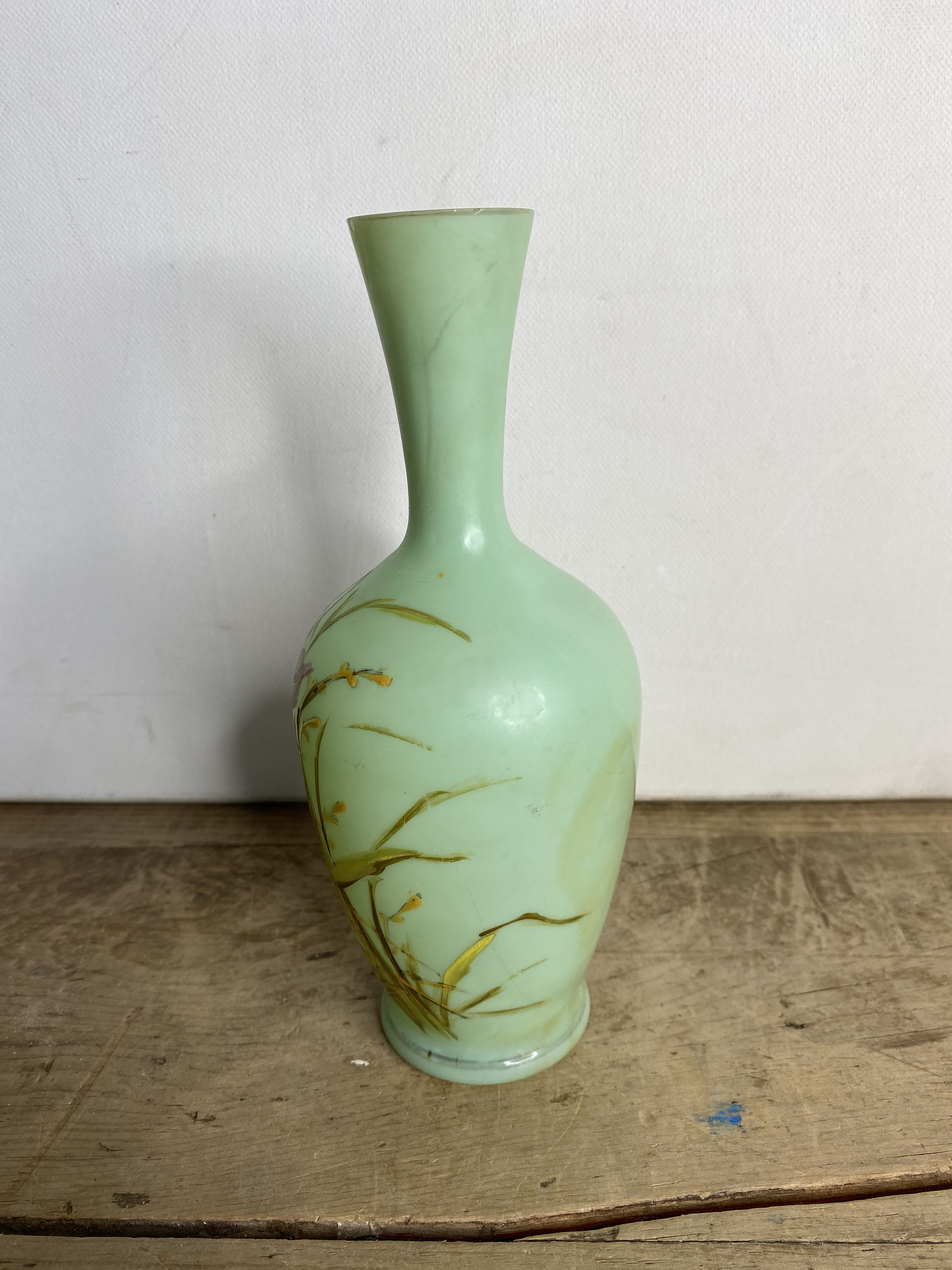 Vintage Pale Green Tall Glass Vase Painted With a Pink Flower Design ...