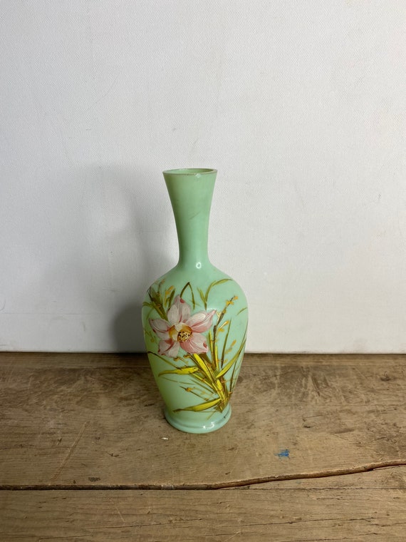 Vintage Pale Green Tall Glass Vase Painted With a Pink Flower | Etsy