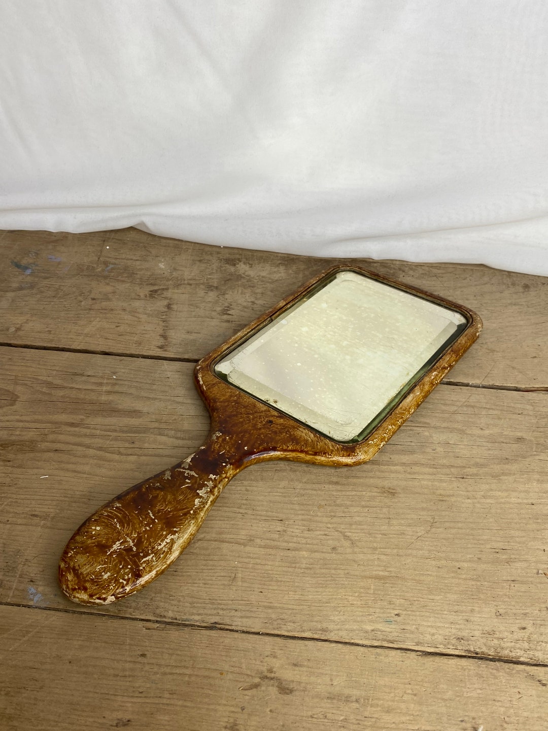 Vintage Covered Wooden Hand Mirror Barbers Mirror Thick Bevelled Glass ...