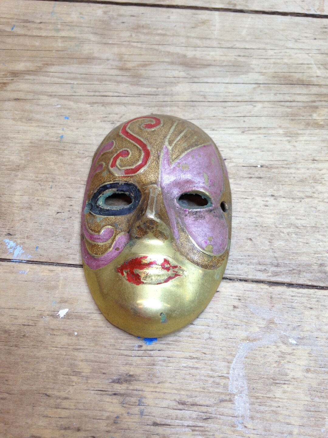Vintage Chunky Brass Venetian Style Mask With Red and Lilac Butterfly ...