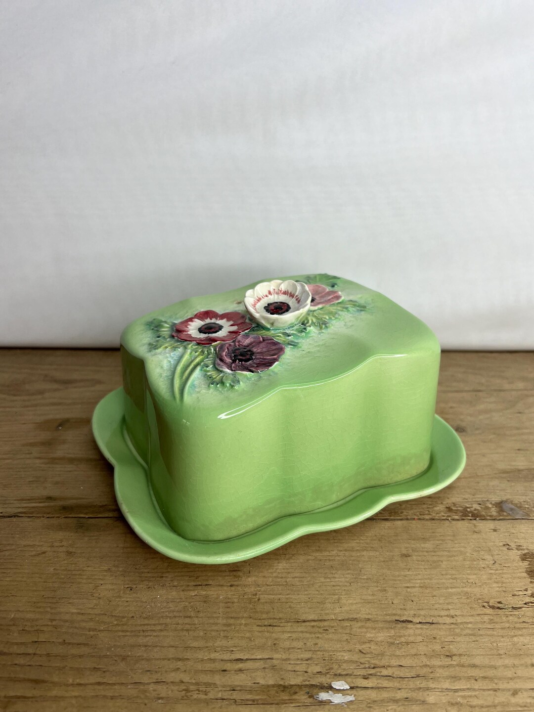 Vintage Beswick Green Wavy Cheese / Butter Dish With Anemone Flower ...