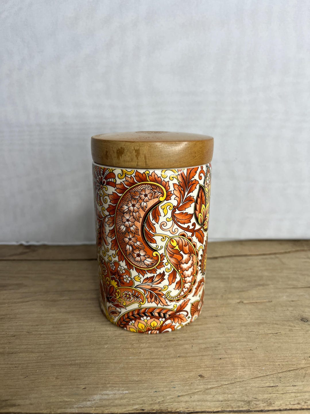 Vintage Sandygate Pottery Jar With Orange Paisley Design and Wooden Lid ...