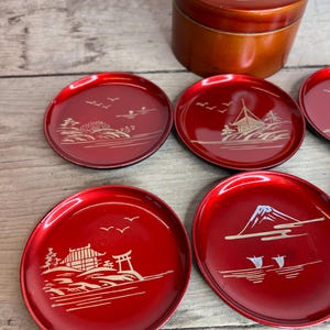 Vintage Set of 6 Red Decorative Coasters. Container Set & Good ...
