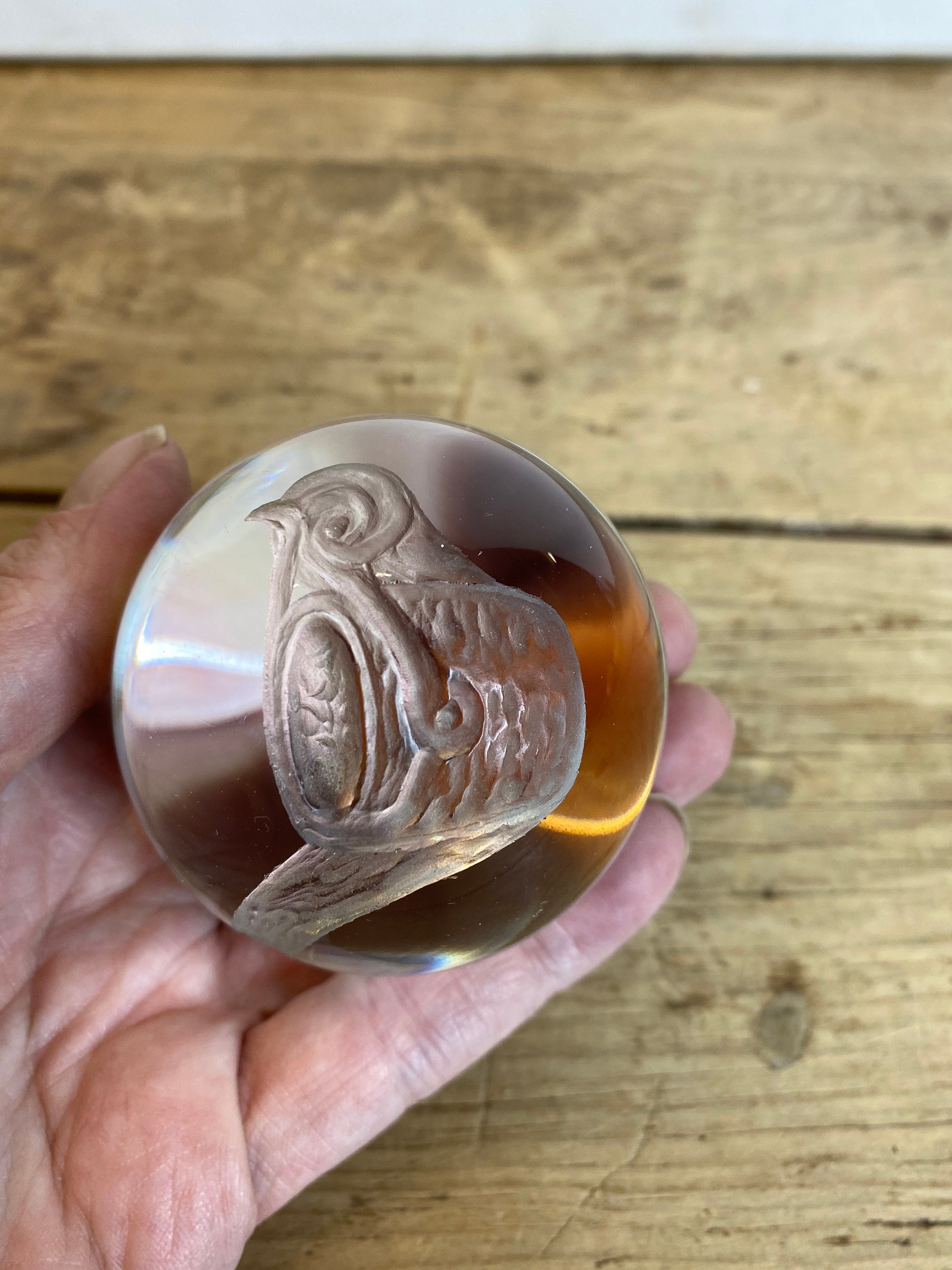 Vintage Round Clear Glass Paperweight With Rustic Etched Bird to the ...