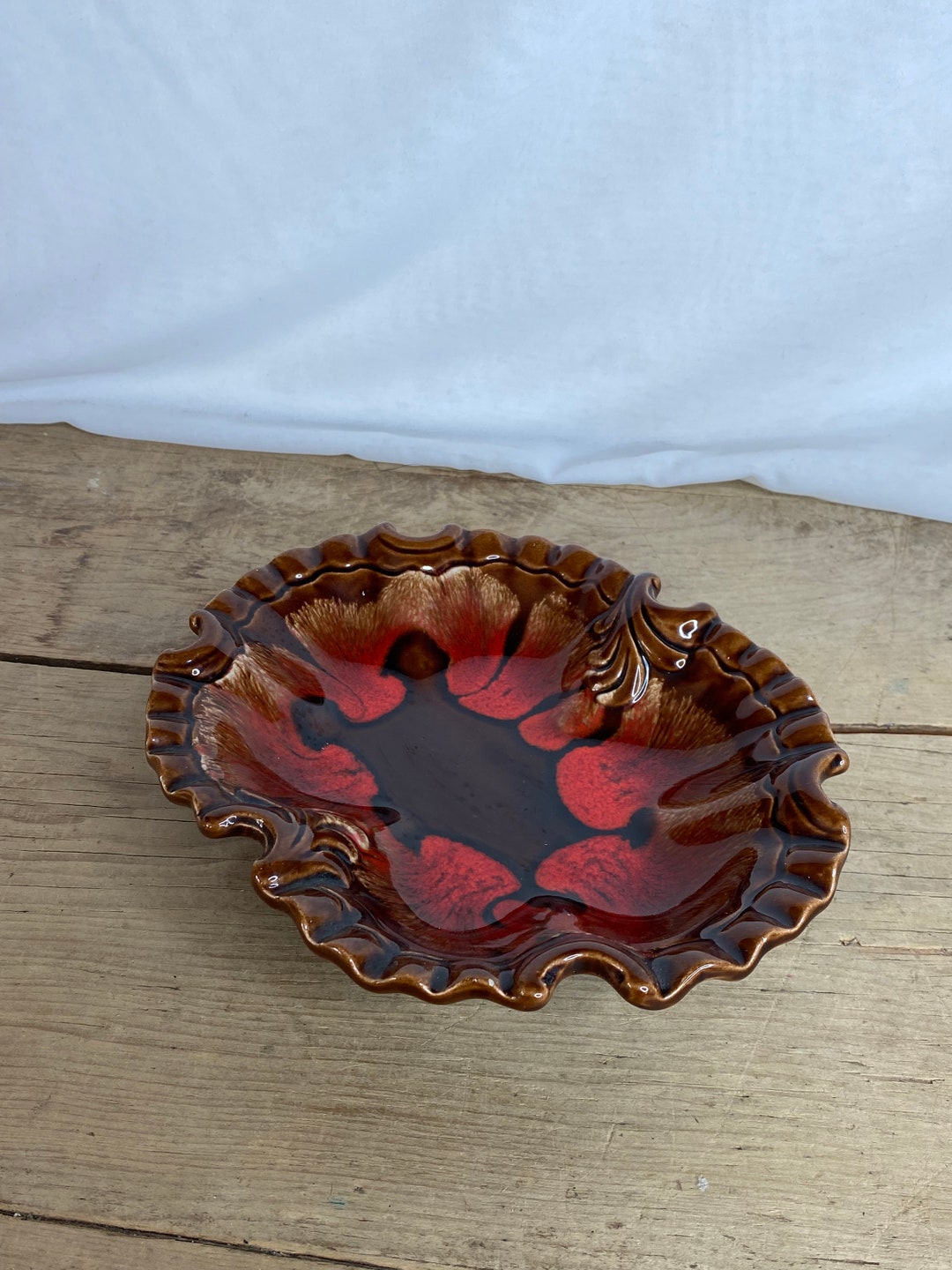 Vintage Fat Lava Brown and Red Wavy Edge Bowl Mid Century West German ...