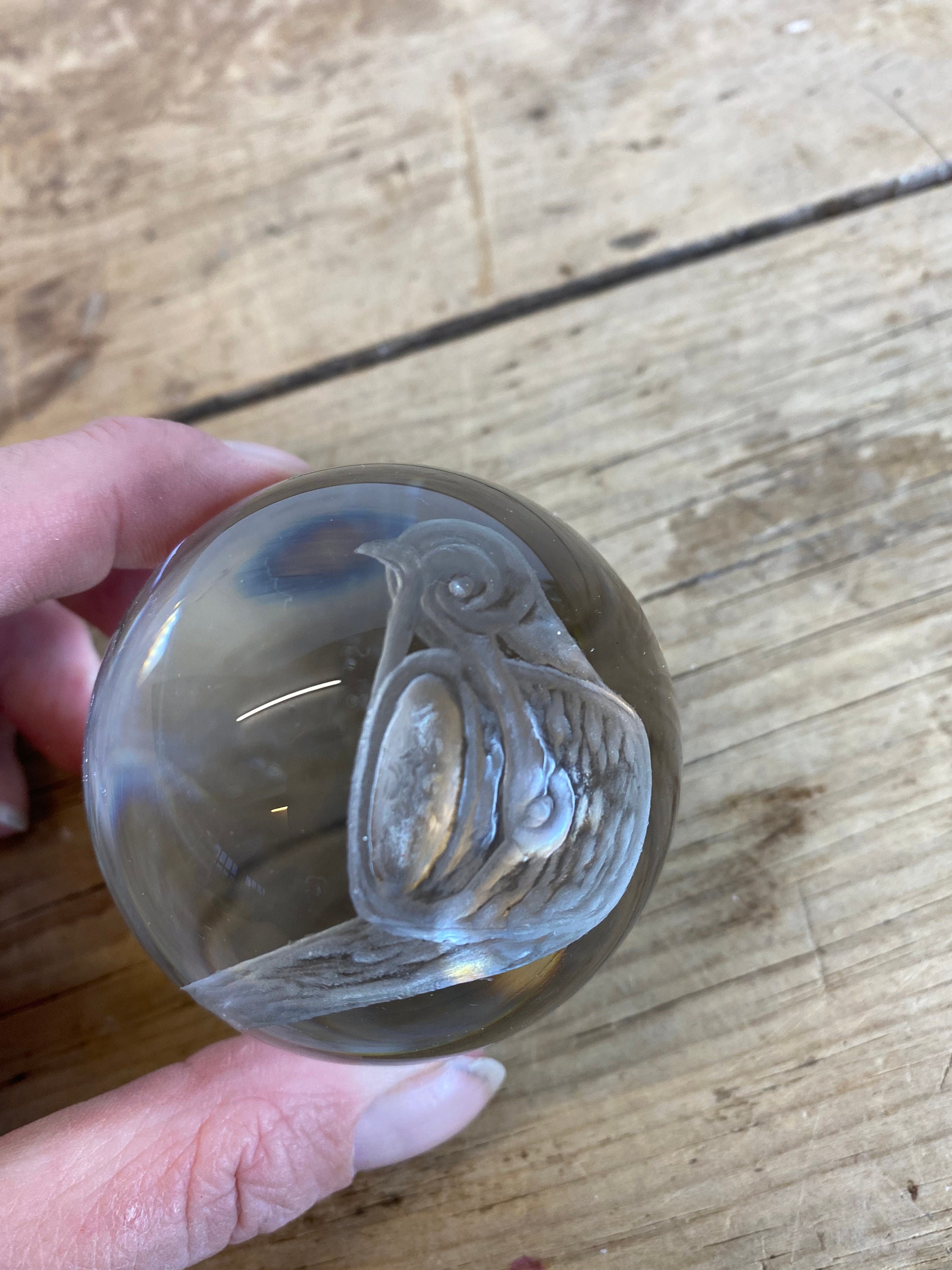 Vintage Round Clear Glass Paperweight With Rustic Etched Bird to the ...