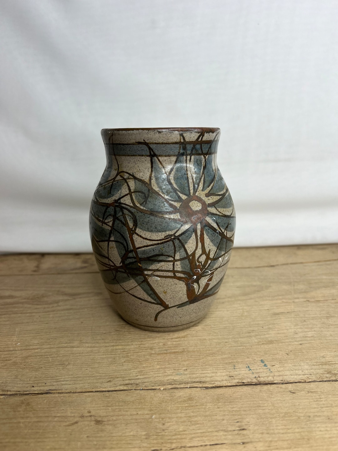 Vintage Terry Godby Studio Pottery Pale Brown Vase With Blue & Brown ...